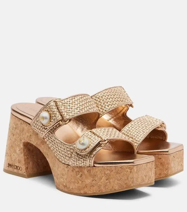 JIMMY CHOO Fayence Raffia-effect Platform Sandals - Gold