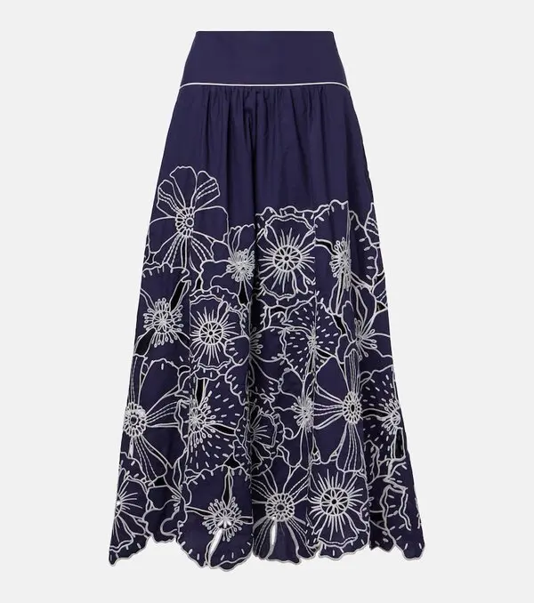 Farm Rio Embroidered Floral Cotton Midi Skirt - Blue