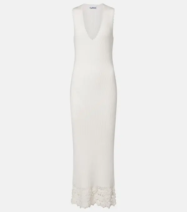 GANNI Crochet-trimmed Ribbed Cotton-blend Midi Dress - White