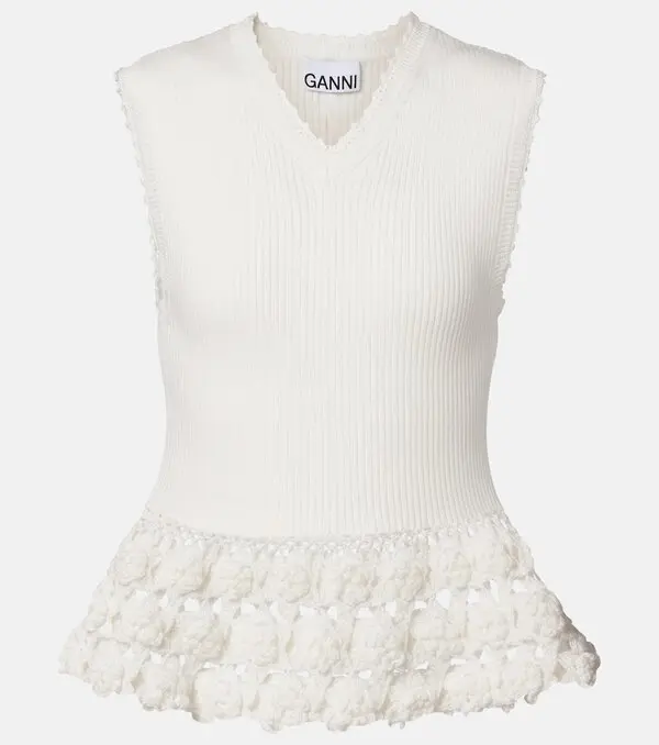 GANNI Crochet-trimmed Ribbed Cotton-blend Top - White