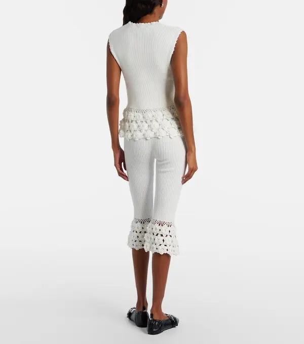 GANNI Crochet-trimmed Ribbed Cotton-blend Capri Pants - White