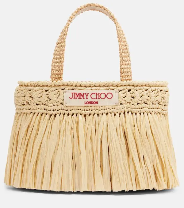 JIMMY CHOO Mini Fringed Raffia Top-handle Bag - Beige