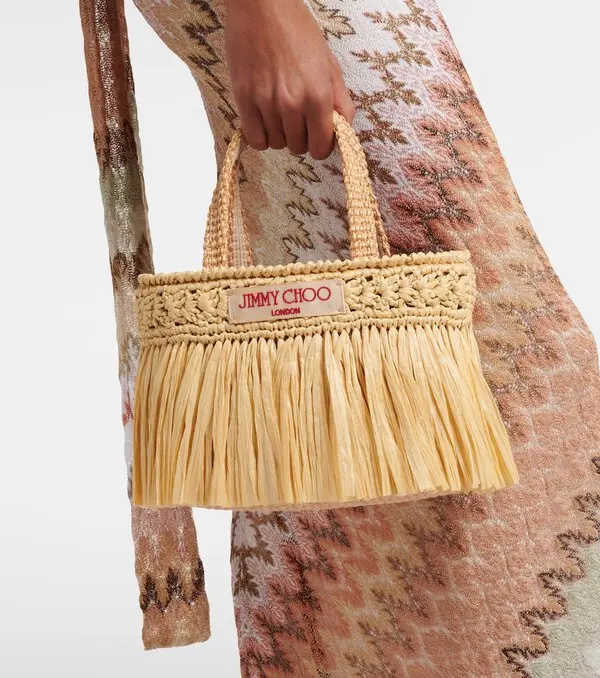 JIMMY CHOO Mini Fringed Raffia Top-handle Bag