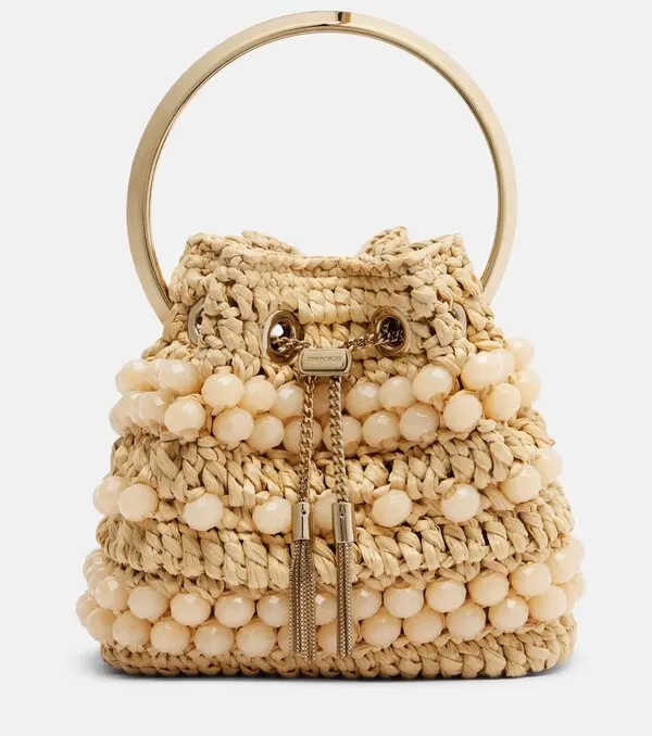 JIMMY CHOO Bon Bon Small Beaded Raffia Bucket Bag - Beige