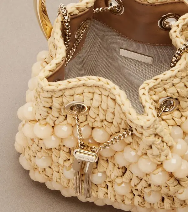 JIMMY CHOO Bon Bon Small Beaded Raffia Bucket Bag - Beige