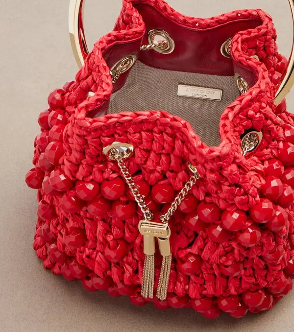 JIMMY CHOO Bon Bon Beaded Raffia Bucket Bag - Red