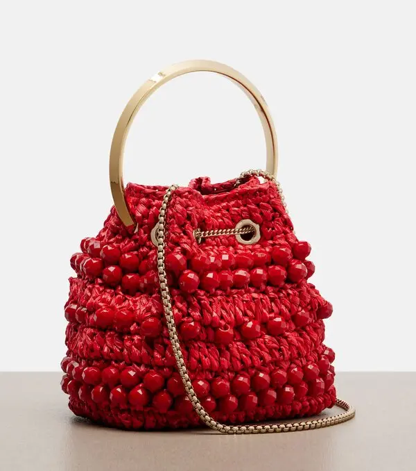 JIMMY CHOO Bon Bon Beaded Raffia Bucket Bag - Red