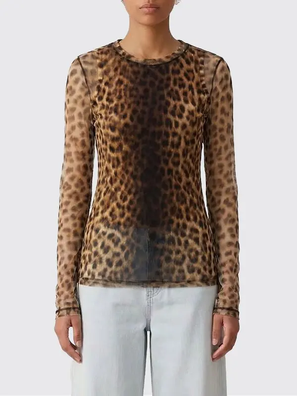Sportmax Animal Print Jersey And Tulle Long Sleeve Top - Brown