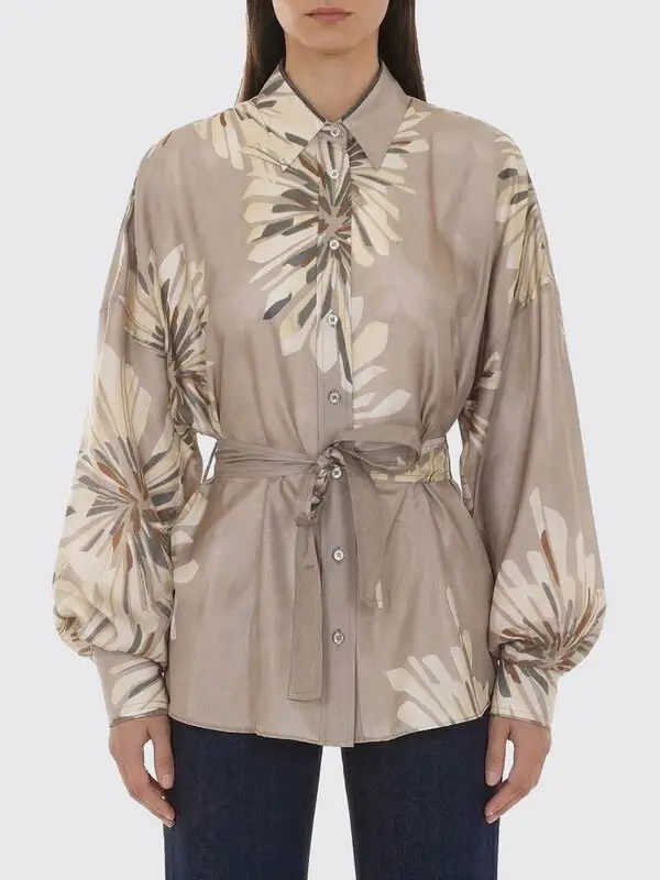 Brunello Cucinelli Floral Print Silk Shirt With Tie Detail - Kaki