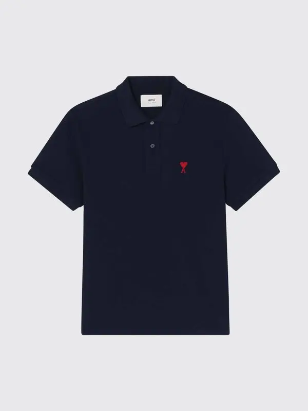AMI Paris Short-sleeved Polo Shirt In Organic Cotton With Embroidered Logo - Blue