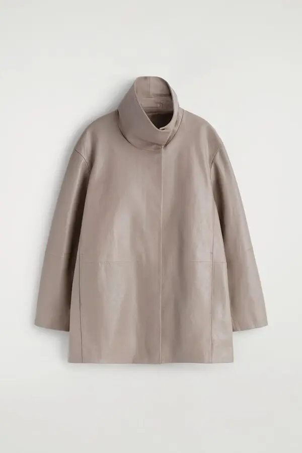 Cos Oversized Leather Mock-neck Bomber Jacket - Beige
