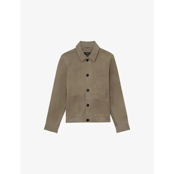 REISS Suede Worker Jacket - Soft Sage Green