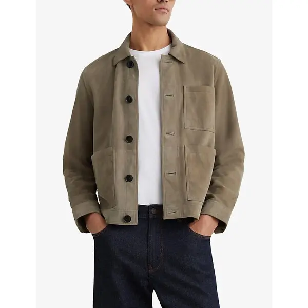REISS Suede Worker Jacket - Soft Sage Green