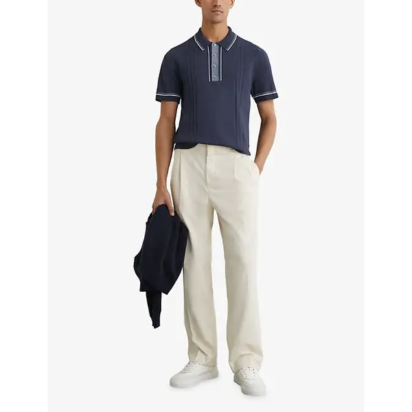 REISS Rothwell Short-sleeved Knitted Polo Shirt - Navy