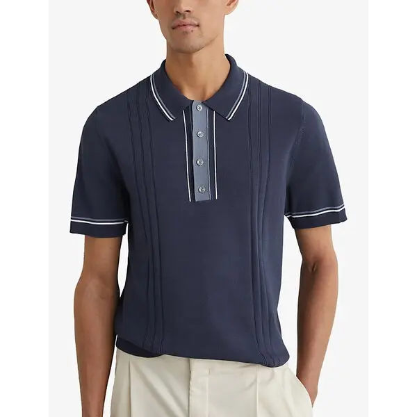 REISS Rothwell Short-sleeved Knitted Polo Shirt - Navy