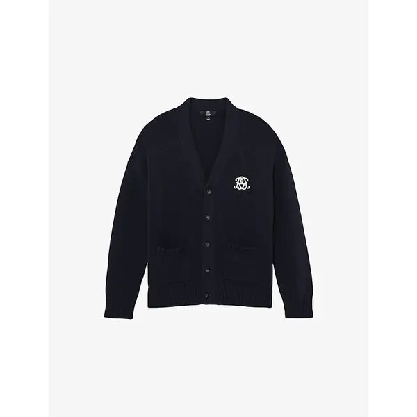 REISS Monogram-embroidered Cotton Cardigan - Navy