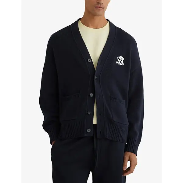 REISS Cotton Cardigan With Monogram Embroidery - Navy