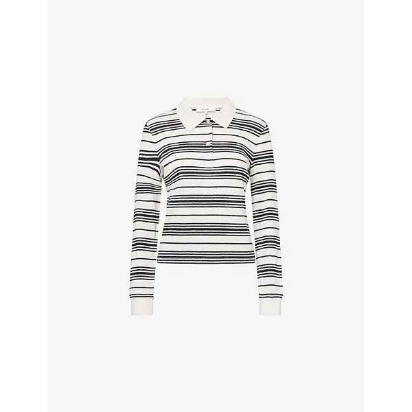 FRAME Striped Long-sleeve Linen-blend Polo Top