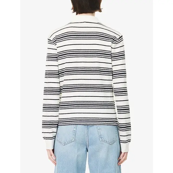 FRAME Striped Long-sleeve Linen-blend Polo Top