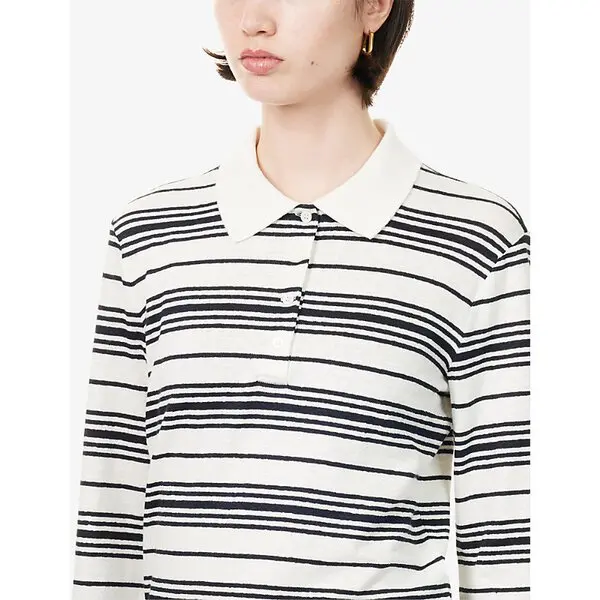 FRAME Striped Long-sleeve Linen-blend Polo Top