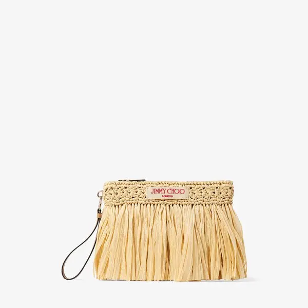 JIMMY CHOO Zipped Flat Pouch Natural And Light Gold Woven Raffia Zipped Pouch With Fringes - Natural/light Gold