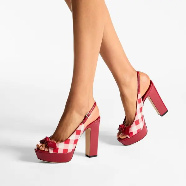 JIMMY CHOO Ziva 120 Gingham Platform Sandals - Ruby Red Mix
