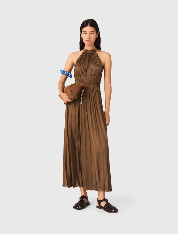 Maje Pleated Halterneck Maxi Dress With Smocked Waist - Brown