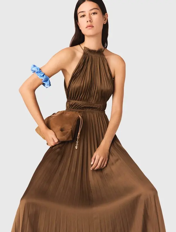 Maje Pleated Halterneck Maxi Dress With Smocked Waist
