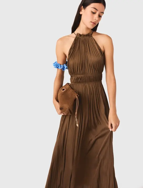 Maje Pleated Halterneck Maxi Dress With Smocked Waist