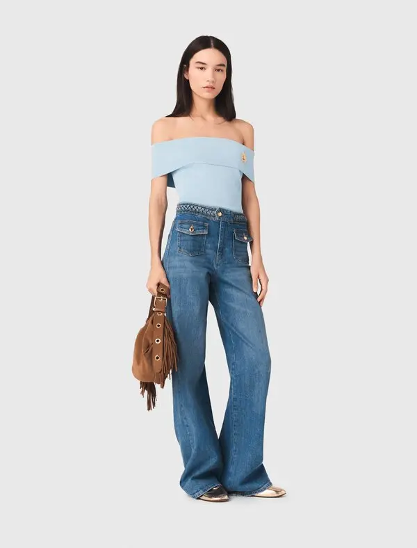 Maje Cotton Flared Jeans With Braided Belt - Blue