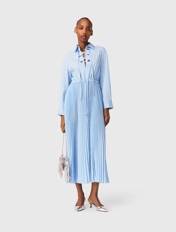 Maje Pleated Maxi Shirt Dress With Eyelet Detail - Blue Sky