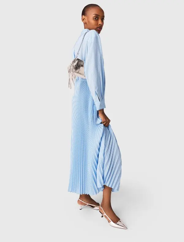 Maje Pleated Maxi Shirt Dress With Eyelet Detail - Blue Sky