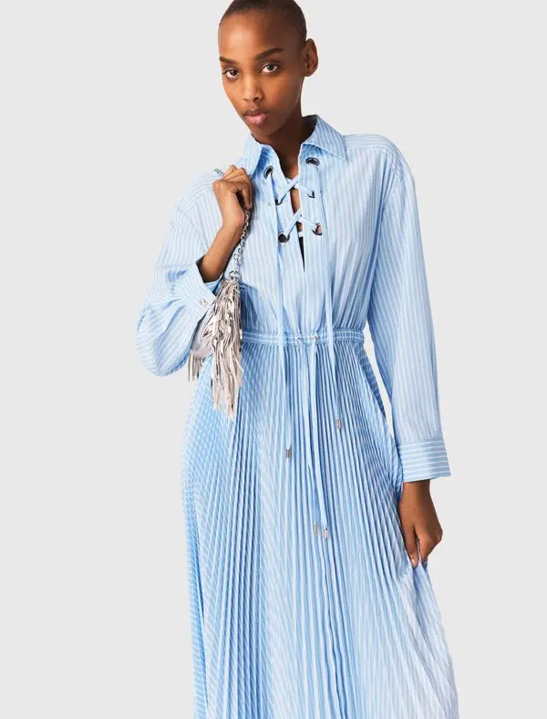 Maje Pleated Maxi Shirt Dress With Eyelet Detail - Blue Sky