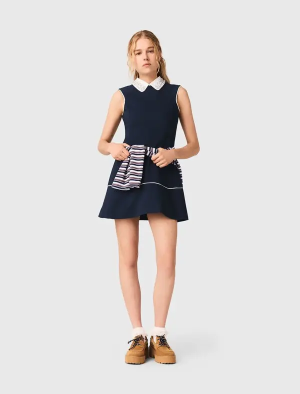 Maje Flared Mini Dress With Embellished Peter Pan Collar And Contrast Trim - Navy