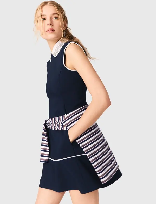 Maje Flared Mini Dress With Embellished Peter Pan Collar And Contrast Trim - Navy