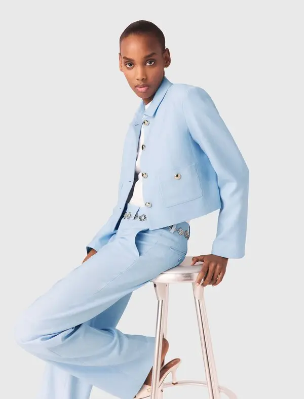 Maje Single-breasted Cropped Jacket With Gold Button Details - Blue Sky
