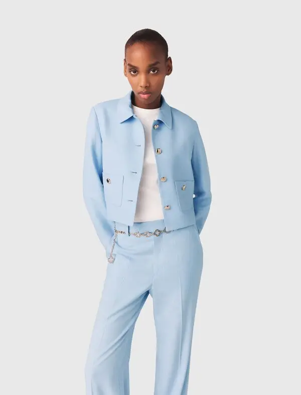 Maje Single-breasted Cropped Jacket With Gold Button Details - Blue Sky