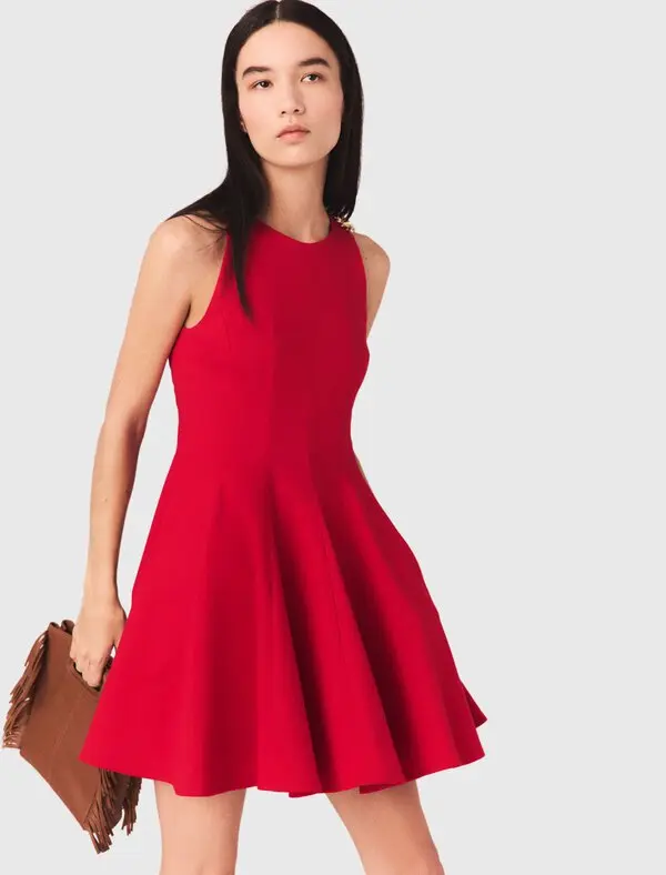 Maje Short Halterneck Flared Linen-blend Dress With Gold Brooch