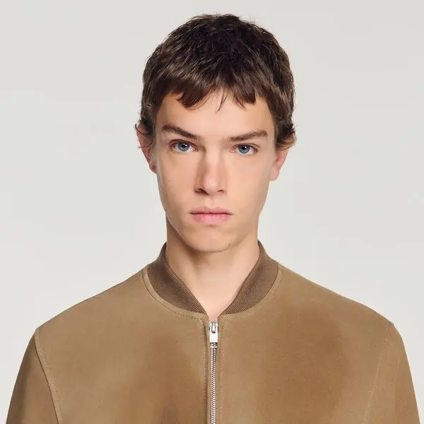 Sandro Suede Zip-up Varsity Jacket - Cappucino