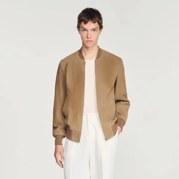 Sandro Suede Zip-up Varsity Jacket - Cappucino