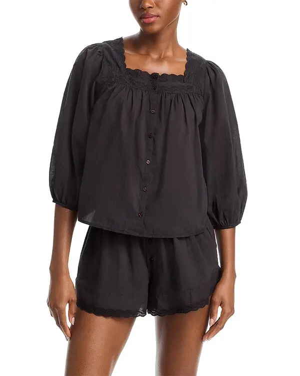 The Great. The Eyelet Button Sleep Top - Black