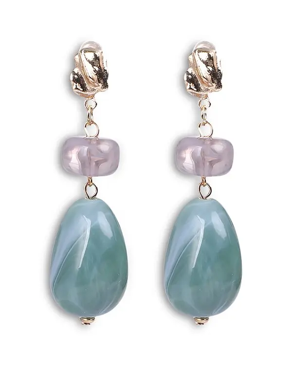 Aqua Marbled Stone Drop Earrings - Gold