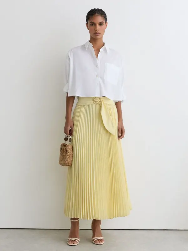REISS Pleated Belted Midi Skirt - Yellow