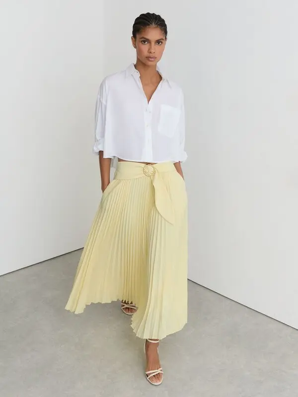 REISS Pleated Belted Midi Skirt - Yellow