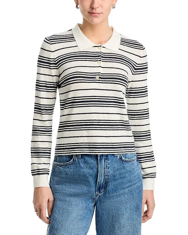 FRAME The Striped Long Sleeve Polo - Cream Multi