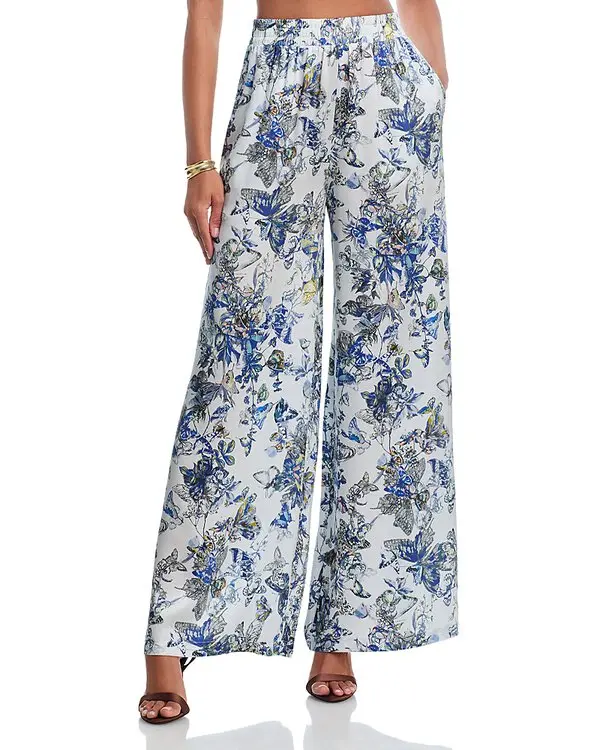 L'Agence Lillian Silk Wide Leg Pants - Gray Watercolor Butterfly