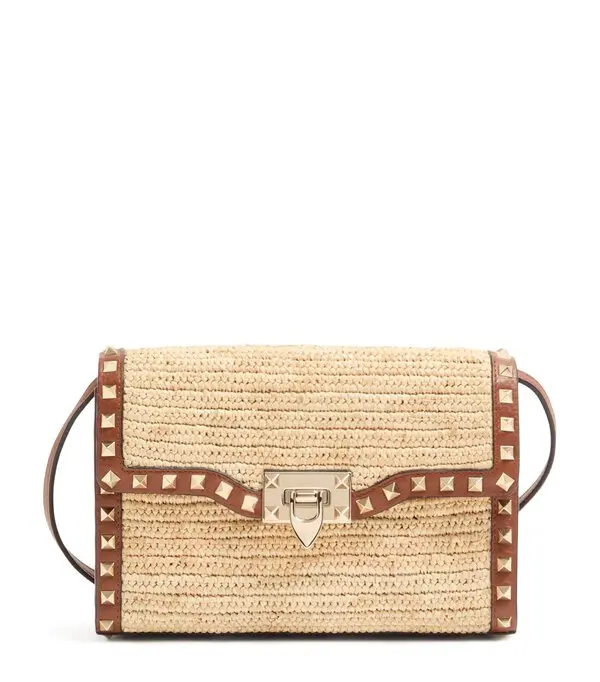 Valentino Garavani Small Leather-raffia Rockstud Shoulder Bag - Pink
