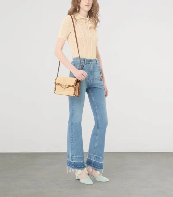 Valentino Garavani Small Leather-raffia Rockstud Shoulder Bag - Pink