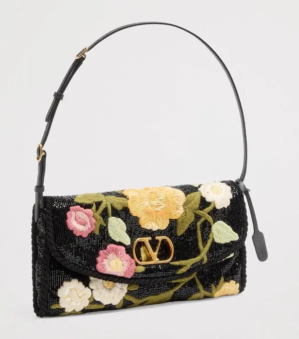 Valentino Garavani Embroidered-floral Devain Shoulder Bag - Black