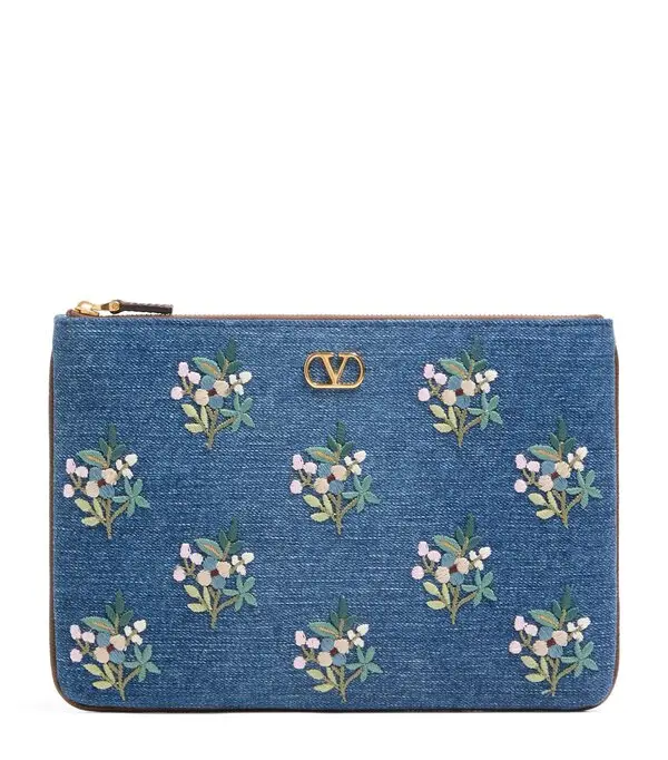 Valentino Garavani Denim Embroidered Vlogo Signature Pouch - Blue
